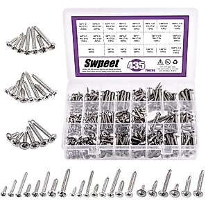 Swpeet 435Pcs 3 Types #6#8#10 SAE 304 Stainless Steel Round Pan Head and Phillips Flat Head Self Tapping Sheet Metal Screws Wood Screws with 410 Stainless Steel Truss Head Fast Self Tapping Screws