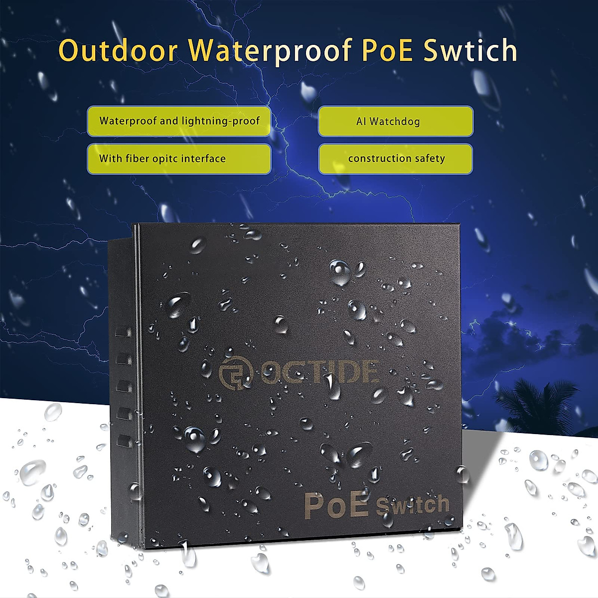 Octide Outdoor Waterproof PoE Switch, with 8 Ports PoE & 2G Uplink & 1SFP, Support IEEE802.3af/at, Metal Housing, Play&Play, AI Watchdog, Fanless Unmanage.