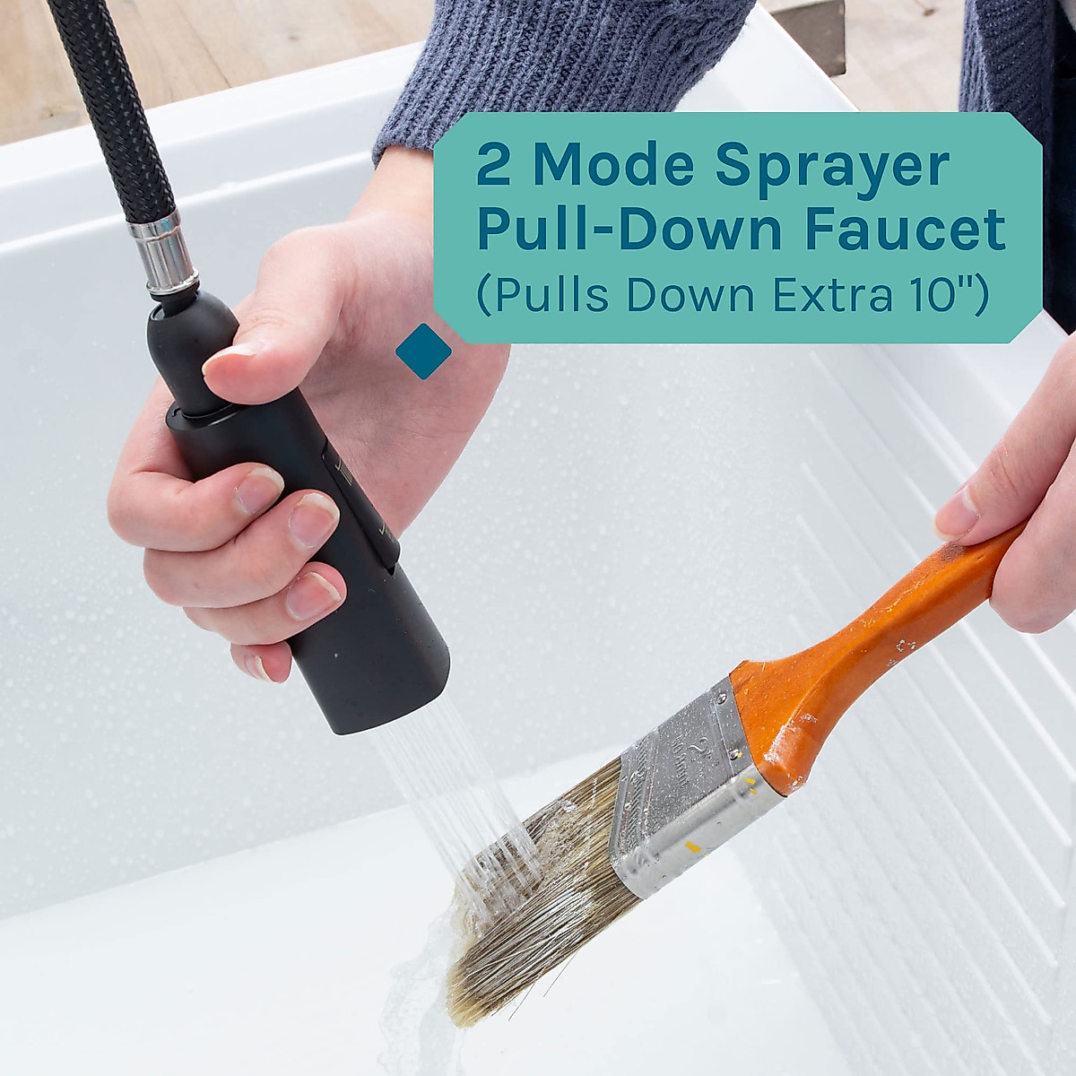 White Utility Sink by JS Jackson Supplies, Tehila Luxe Laundry Tub, Matte Black Hi-Arc Pull-Down Faucet, Soap Dispenser