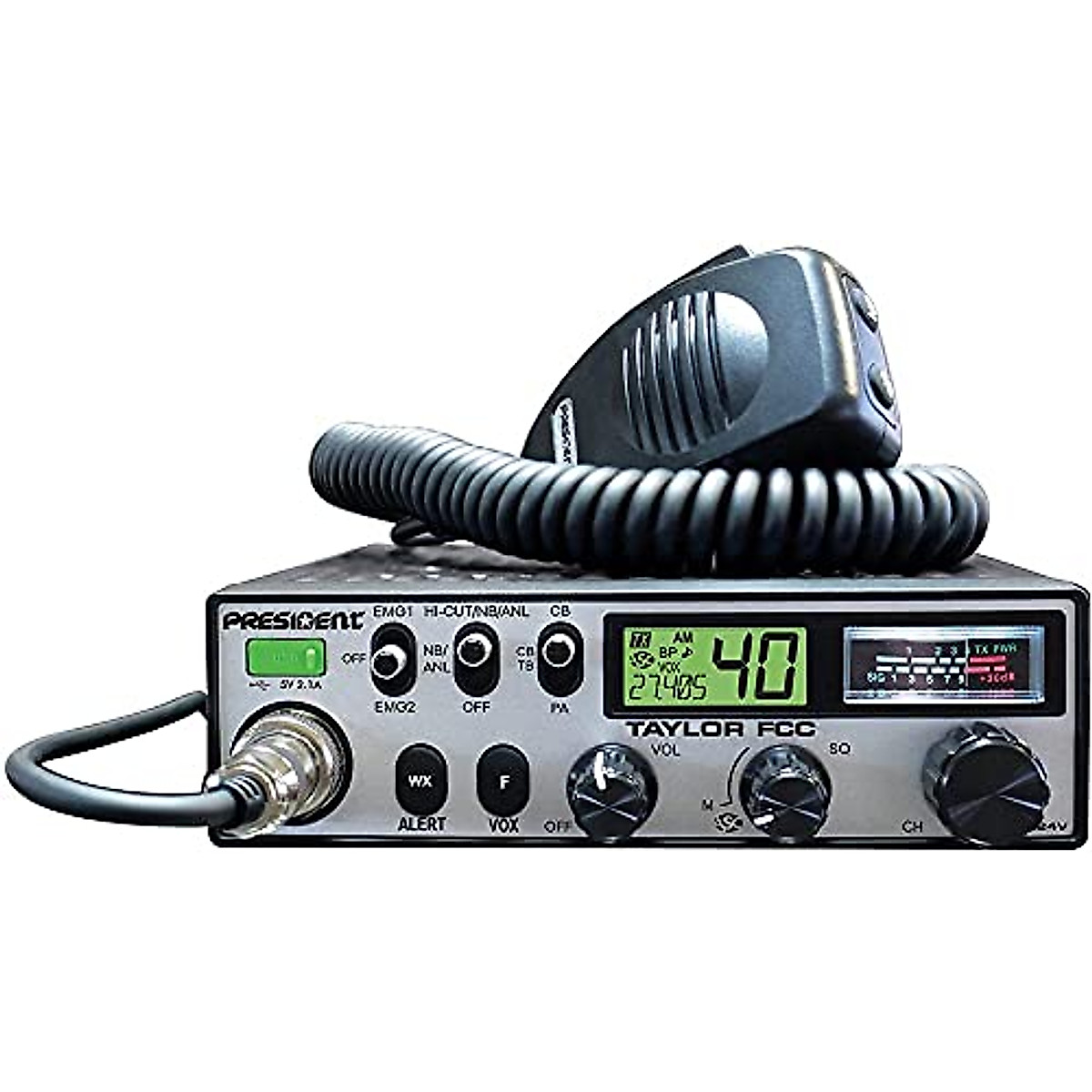President Taylor FCC, 12/24V CB Radio, 40 Channels AM, Up/down Channel Selector, Volume Adjustment and ON/OFF, Multi-Functions LCD Display, S/RF Vu-Meter, Beep Function, EMG Programmable, Talkback