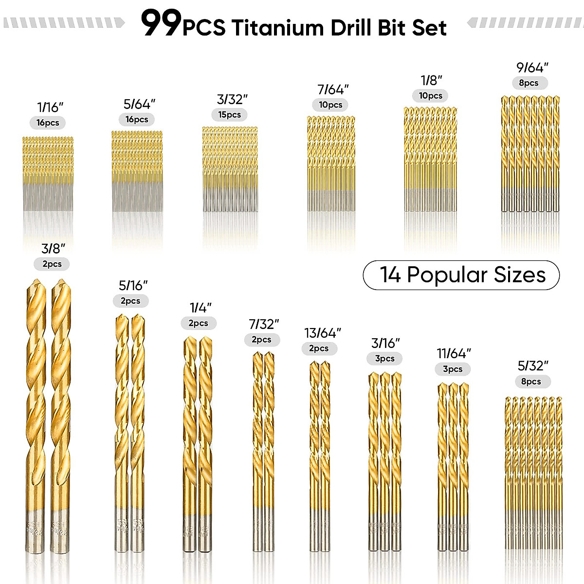 TICONN 99PCS Titanium Coated Drill Bit Set, 135 Degree Tip HSS Bits Kit with Storage Case for Aluminum, Copper, Soft Alloy Steel, Wood, Plastic Size from 1/16" to 3/8"
