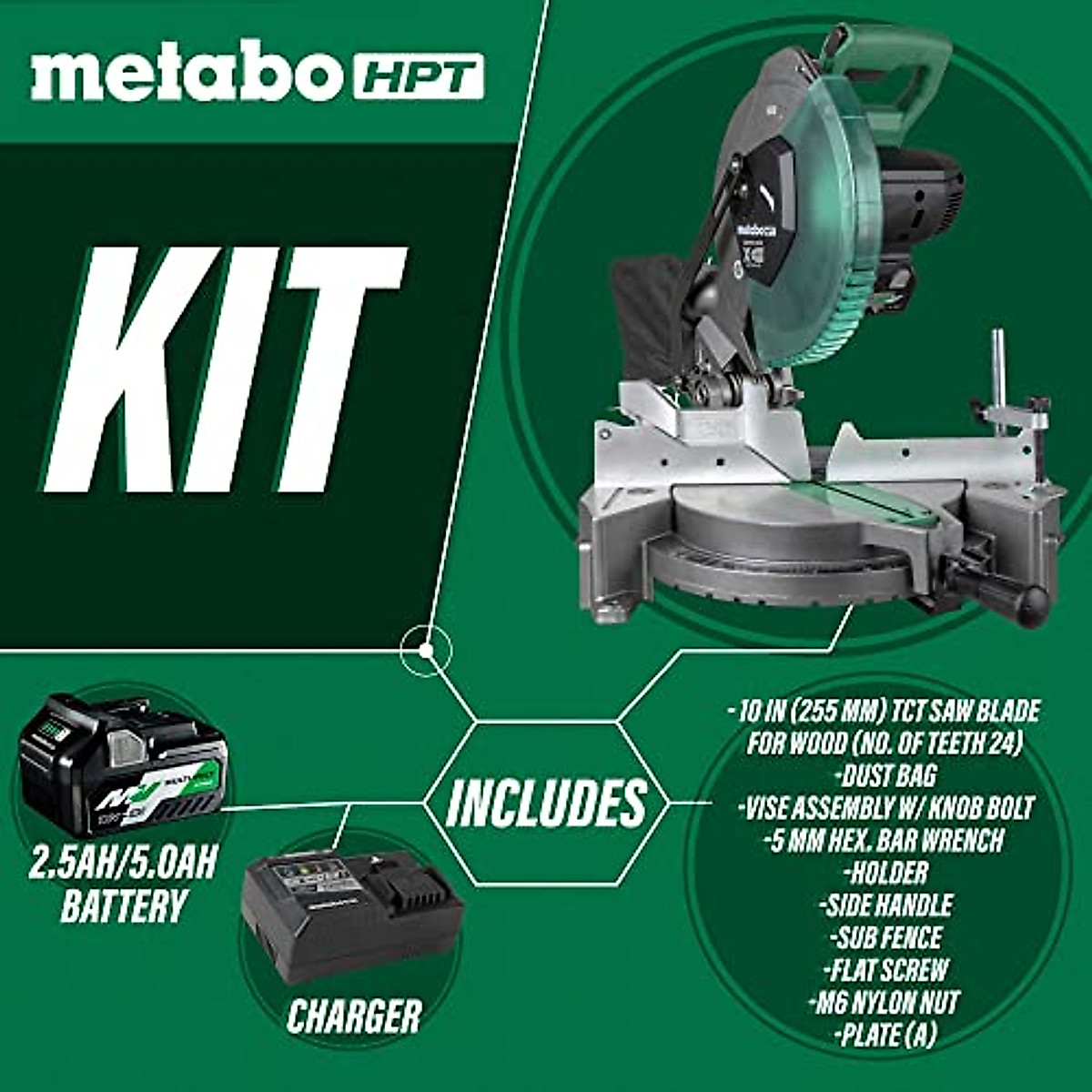Metabo HPT 18V MultiVolt™ Cordless Miter Saw Kit | 10-Inch Blade | Includes 1-18V/36V MultiVolt™ Battery + Charger | Xact Cut LED Shadow Line System | C1810DFA