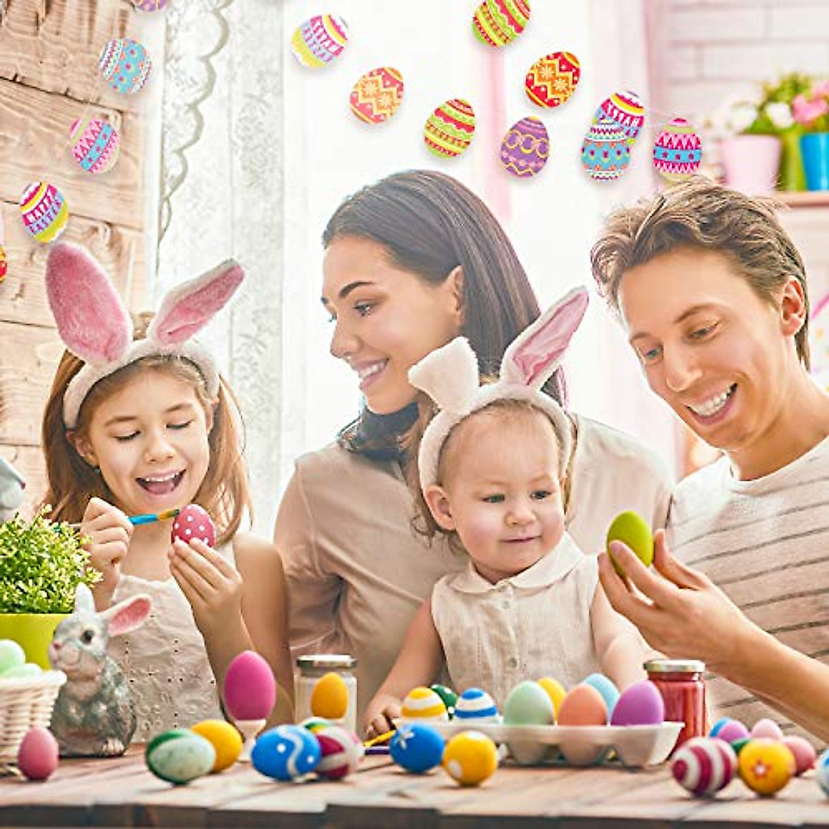 Whaline Easter Egg Garland Kit Easter Banner Decoration Happy Easter Banner Bunting Hanging Easter Egg Paper Cutout for Easter Farmhouse Banner Spring Themed Party Favors Supplies Mantle Fireplace