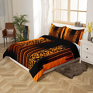 Feelyou Orange Black Reversible Bedding Set Queen Size Abstract Leopard Comforter Cover Set for Kids Adults Ombre Stripes Duvet Cover Modern Art Bedspread Cover Room Decor 3Pcs with 2 Pillow Case