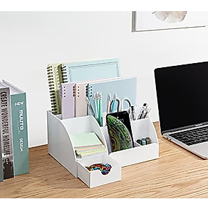 Office Desk Organizer, White Acrylic, with Drawer, 9 Compartments, All in One Office Supplies and Cool Desk Accessories Organizer, Pen Holder, Enhance Your Office Decor Desktop Organizer (White)