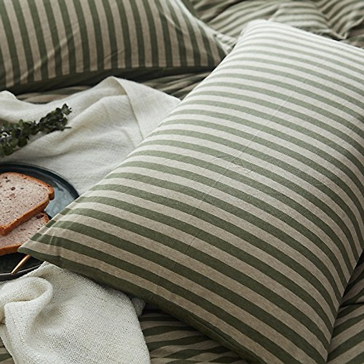 HC 100% Cotton 4pcs Queen Size Army Green Striped Duvet Cover Set Soft Fabric Jersey Knit Bedding (Queen)