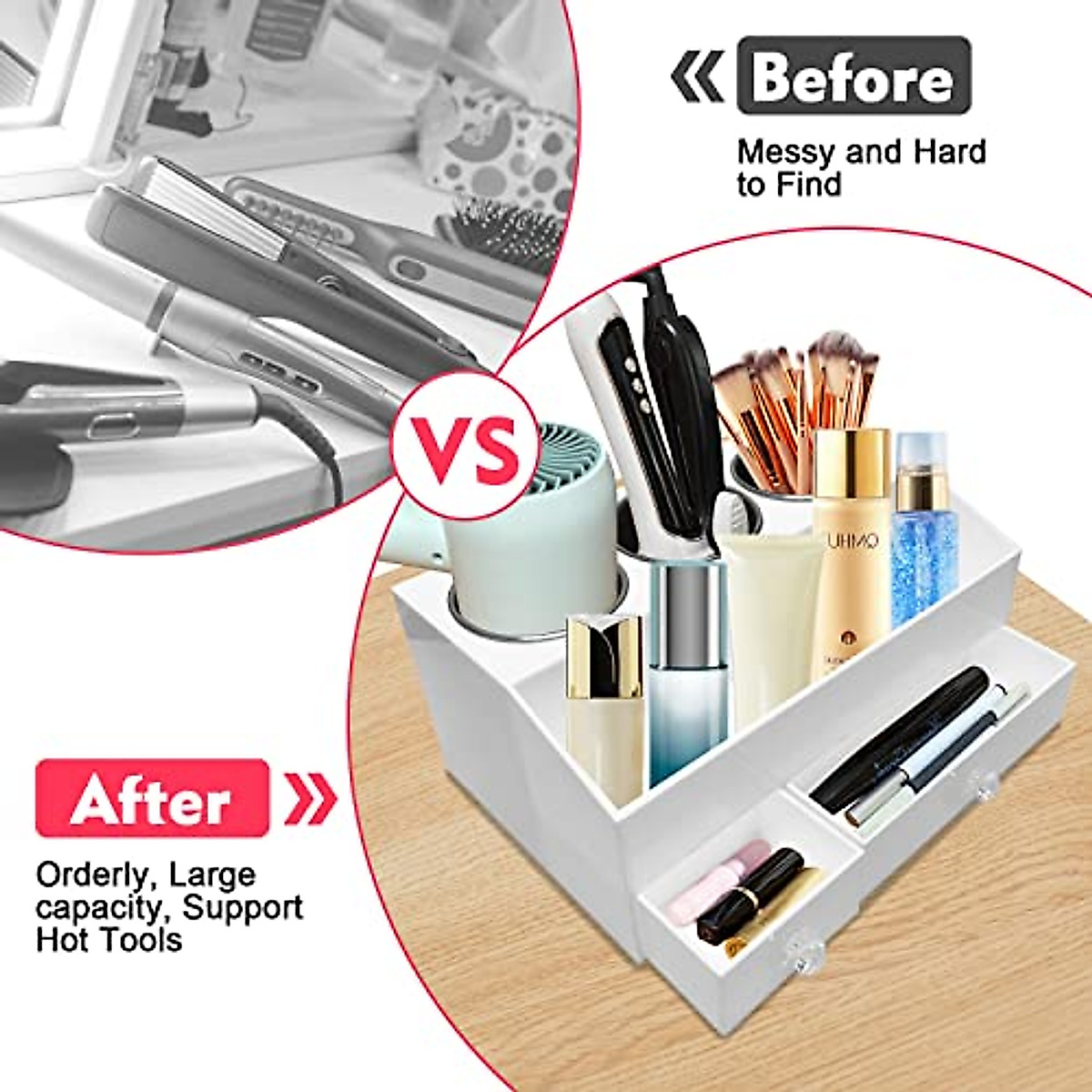 Hair Tool Organizer, Acrylic Hair Dryer Holder with 2 Drawers Hair Product Organizer for Bathroom Countertop Hair Styling Accessories & Hot Tool Organizer for Blow Dryer,Flat Irons, Curling Iron