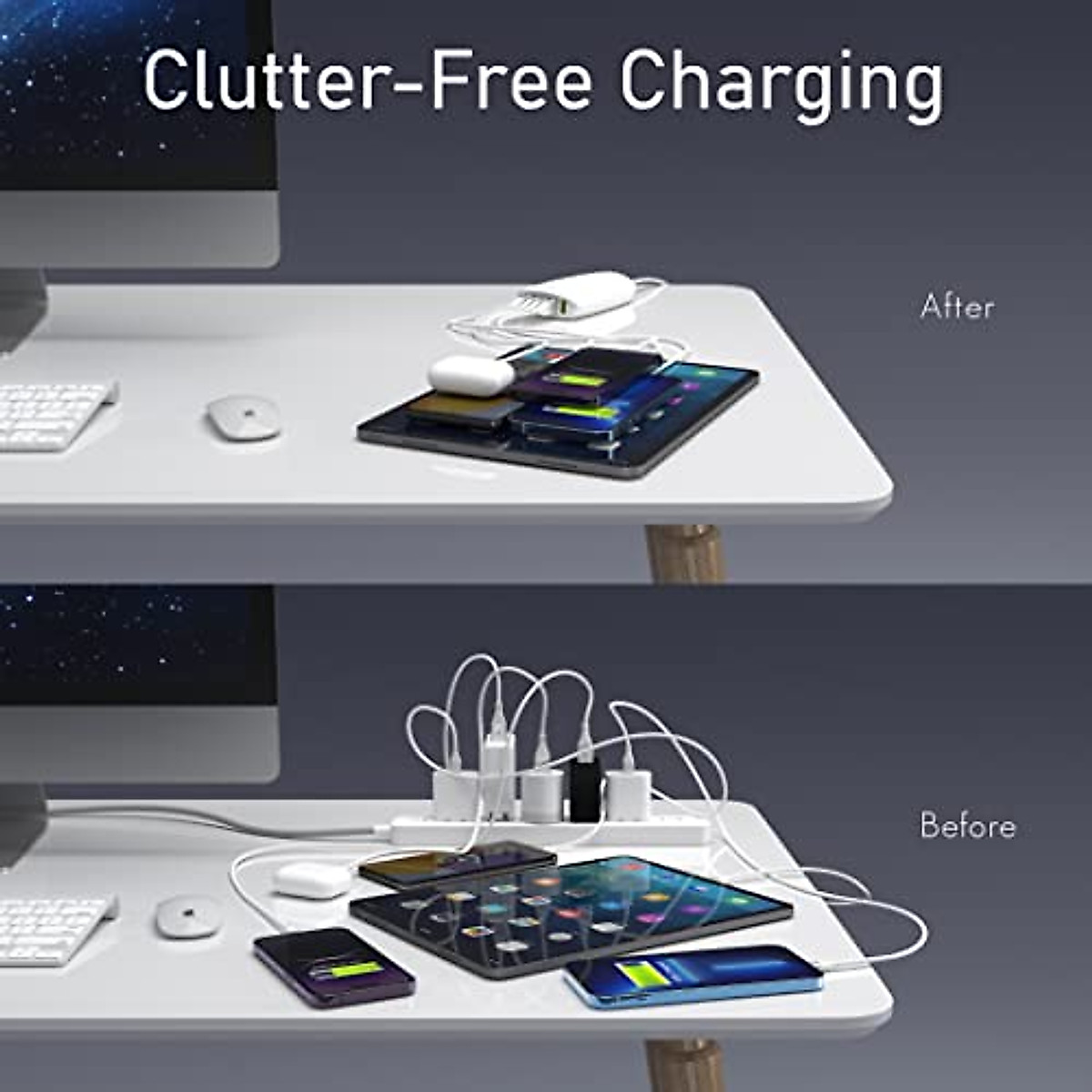 USB Charging Station, MANTO 65W PD3.0 & QC3.0 USB C Charger, 6-Port Desktop Charger with 1 USB C and 5 USB A Ports Compatible with MacBook Pro/Air, Laptops, iPad, iPhone, Galaxy and More