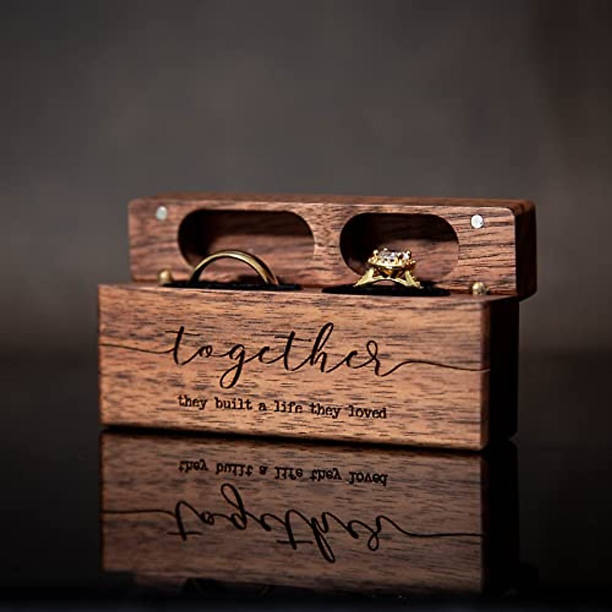MUUJEE Together Double Ring Box - Engraved Slim Wooden Ring Case Box for Wedding Ceremony Engagement Proposal Ring Bearer Box - Anniversary Birthday Gift Ideas