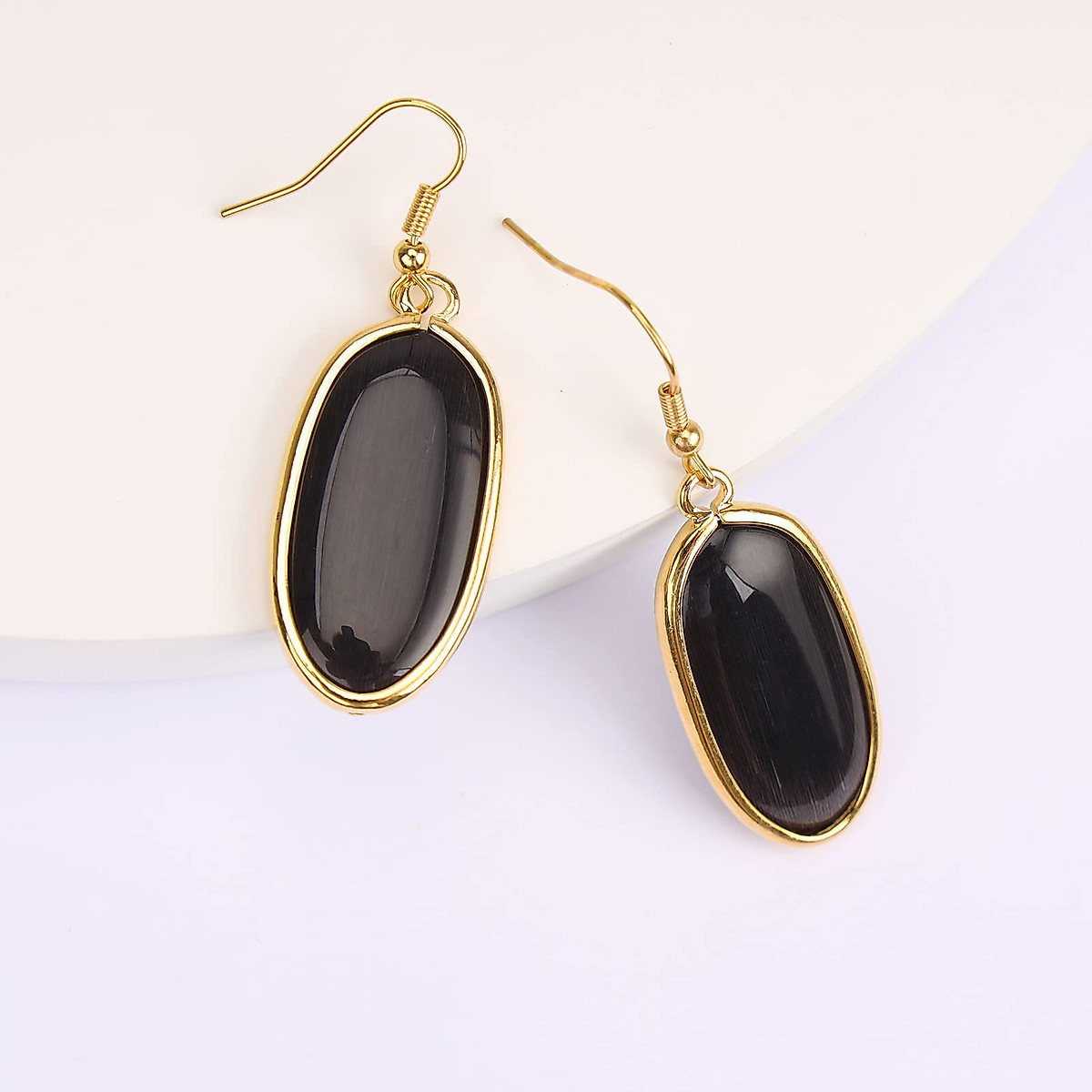 BaubleStar Natural Crystal Healing Birth Stone Drop Earrings Black Opal Gemstone Quartz Oval Dangle Gold Fashion Jewelry for Women