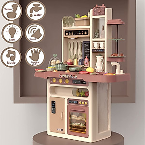 Kitchen Playset with Real Sounds & Light - Toy Accessories Set Pretend Food Toy Accessories Set for Toddlers - Play Sink & Cooking Stove with Steam - 65 PCS for Toddlers Kids - 37 inch 3+ Years