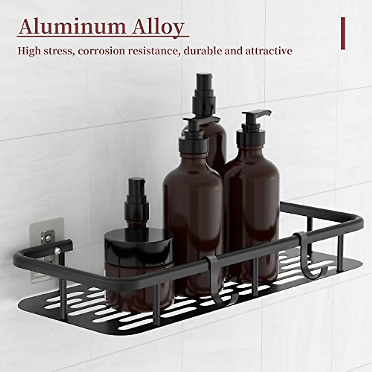 ZGDZ Self-Adhesive Black Shower Shelves with Removable Hooks Bathroom Stick on Shower Caddy Wall Mount Aluminum Shower Organizers Bathroom Trays Toiletries Holders 2-Pack