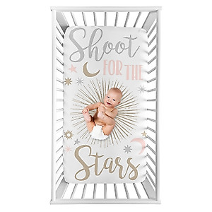 Sweet Jojo Designs Star and Moon Girl Fitted Crib Sheet Baby or Toddler Bed Nursery Photo Op - Blush Pink, Gold, Grey and White Shoot for The Stars Celestial