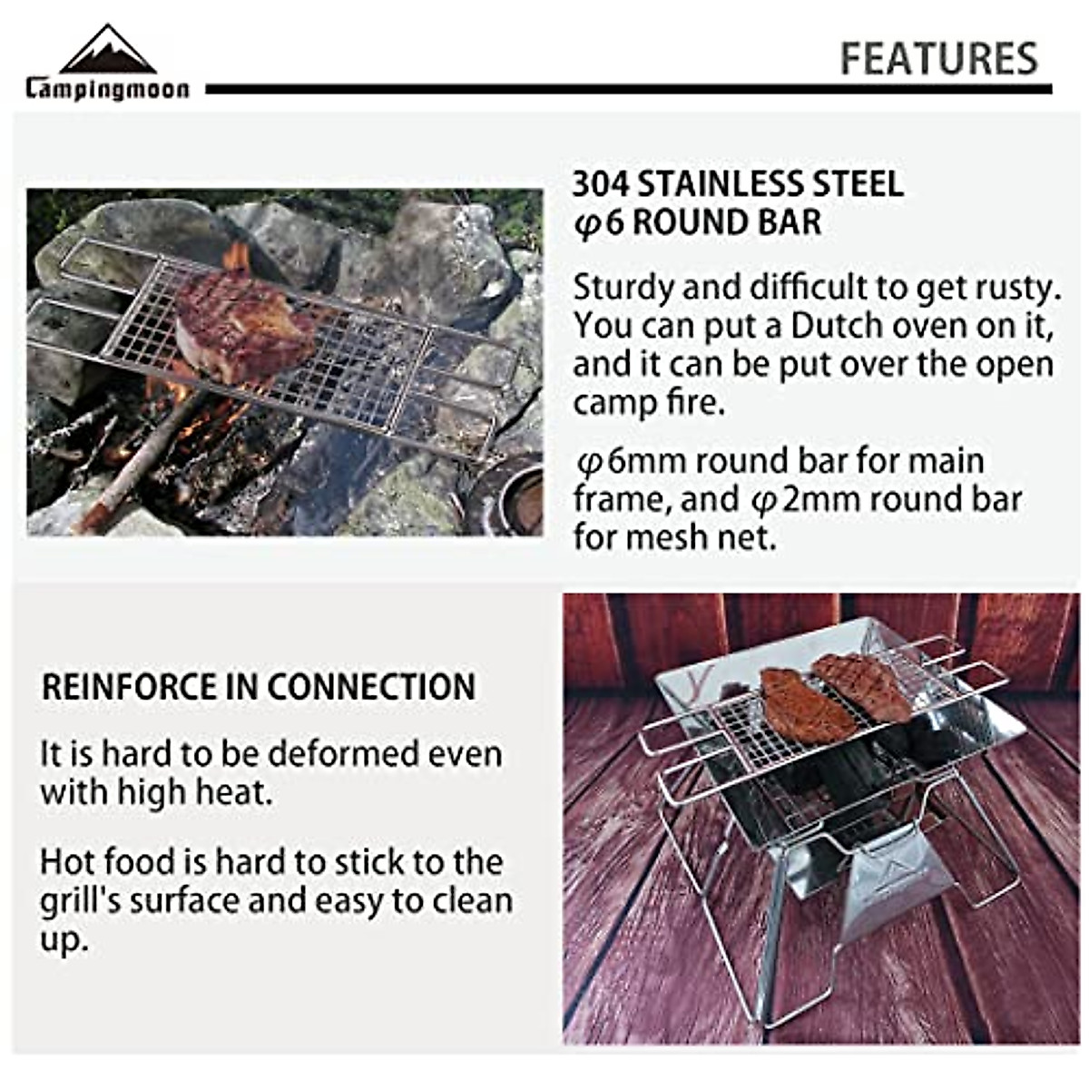 CAMPINGMOON 304 Stainless Steel Cooking Grates for Camping Stove Grill Campfire Open Fire with Carry Bag MTG-C (L 15.7 x W 5.1 Cooking grate (MTG-D))