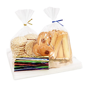 100PCS Cellophane Bags 6x8 inches, Clear Treat Bags with 4’’ Twist Ties, Plastic Cello Bags - 1.4 mils Thick OPP Rice Crispy Bags for Gift Goodie Favor Candy Cake Pop Birthday Party Cookies (6’’ x