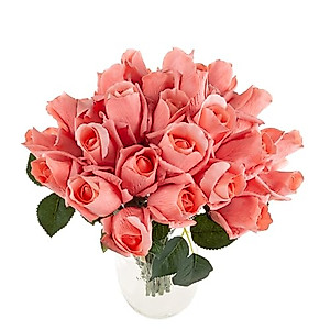 Pure Garden Rose Artificial Flowers - 24Pc Real Touch 11.5-Inch Fake Flower Set with Stems for Home Decor, Wedding, or Bridal/Baby Showers (Coral)