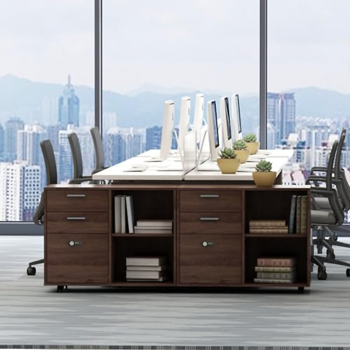 TRIPLE TREE 3-Drawer File Cabinet with Coded Lock, Printer Stand with Open Storage Shelves and 5 Universal Wheels, Mobile Lateral Filing Storage Cabinet for Home Office, Brown Oak