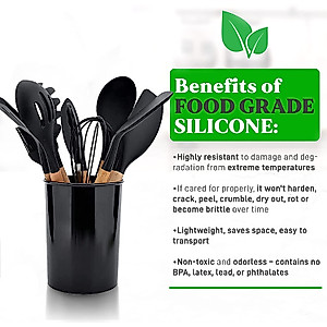 Kitchen Utensils Sets Cooking Utensils sets Wood Spoon Silicone Heat Reaistant Non stick Cookware Set Wooden Handle Spatula Set With Holder Cooking Gadget tool Food Graded BPA Free Non Toxic 12 pieces
