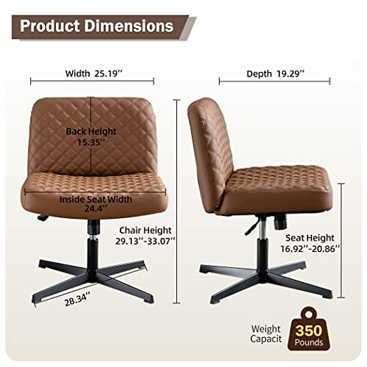 Criss Cross Chair Armless PU Leather Office Desk Chair,Cross Legged Home Office Chair No Wheels,120° Rocking Ergonomic PC Chair,Thicken Padded Swivel Vanity Chair for Women, Girls,Accent Chair