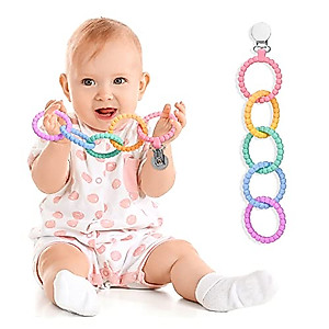 Vicloon Baby Teething Toys, Silicone Baby Teether Link, Attachable Teether Chew Toy for Babies, Baby Teethers 0-24 Months Old Food Grade Silicone Pink Purple