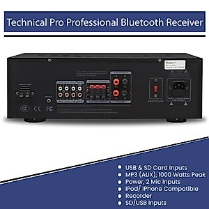 Technical Pro Professional 1000 Watts Receiver with USB SD Card Inputs, 2 Mic Inputs, Recorder, and Wireless Remote