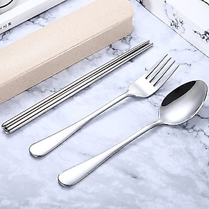 Xihuimay 3pcs Stainless Steel Chopsticks Fork Spoon Set with Travel Case Non-Slip Tabeware Pack Metal Portable Flatware Set Utensils Chinese Japanese Korean for Cooking Eating Dishwasher Safe, White