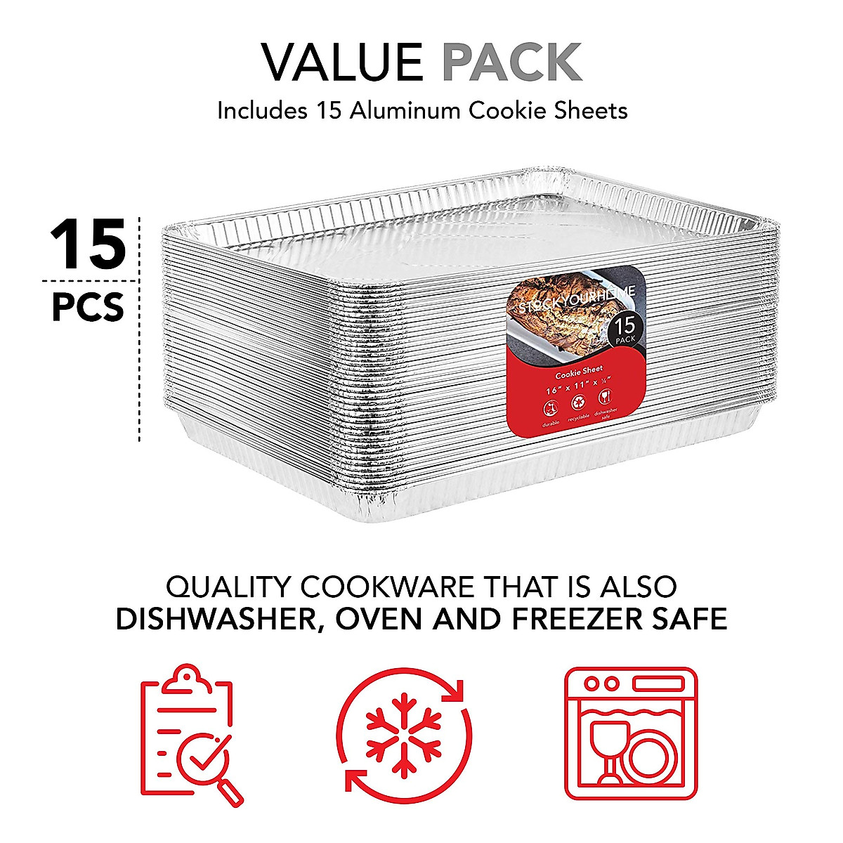 Stock Your Home Aluminum Pans Cookie Sheet Baking Pans (15 Pack) Disposable Aluminum Foil Trays - Reusable and Durable Nonstick Baking Sheets – Disposable Cookie Sheet Foil Pans - 16 Inch x 11 Inch