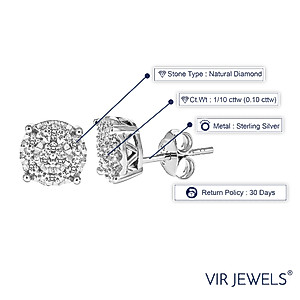 Vir Jewels 1/10 cttw Diamond Stud Earrings in .925 Sterling Silver Push Backs Round Shape