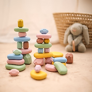 OESSUF 34PCs Stacking Rocks Balancing Stacking Stones Wooden Stacking Toys Wooden Stone Stacking Game for Toddler Wood Sorting Montessori Stacking Rocks for Kids