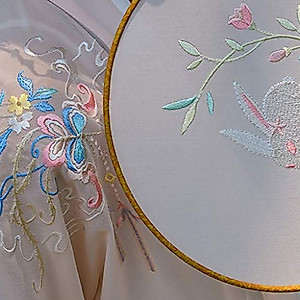 RAZZUM Decorative Folding Fans Handheld Fans Chinese Style Classical Embroidery Silk Round Palace Fan Female Long Handle Ancient Dance Fan for Wall Decoration Gift Hand Fan Fan