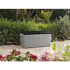 Keter Novel Plastic Deck Storage Container Box Outdoor Patio Garden Furniture 90 Gal, Black/Gray