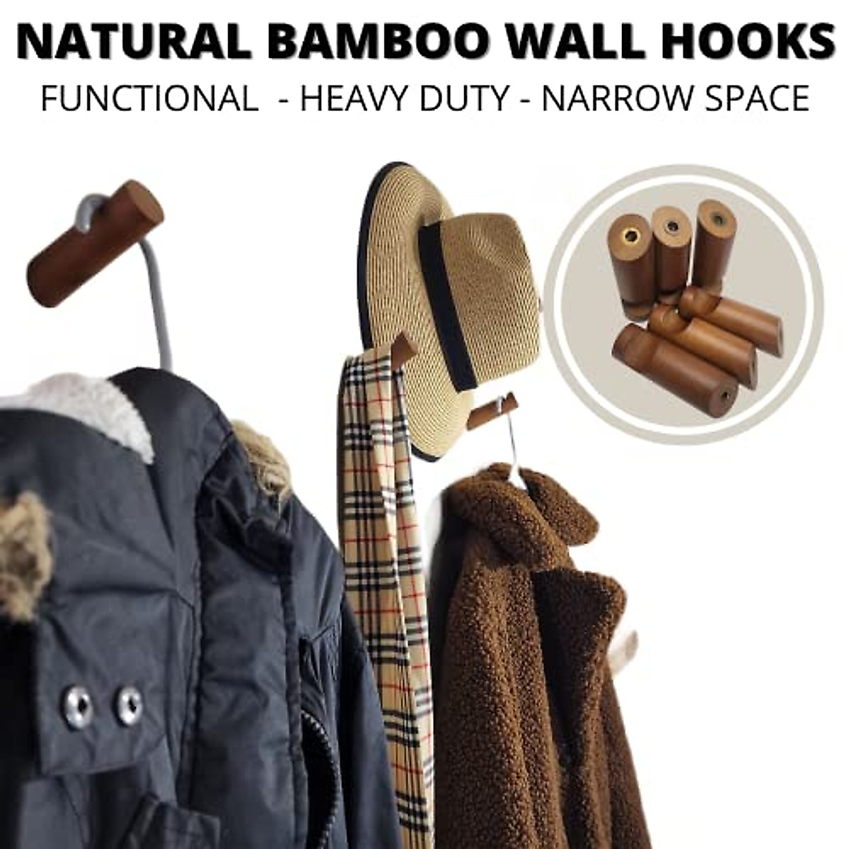 Eternal Nature Bamboo Wood Wall Hooks 6 Pack - Handmade Rustic Mounted Hooks - Heavy Duty Wooden Wall Hooks- Modern Decorative Entryway Hanger Peg Set for Hanging Coat Hat Cap Bag Backpack Clothes