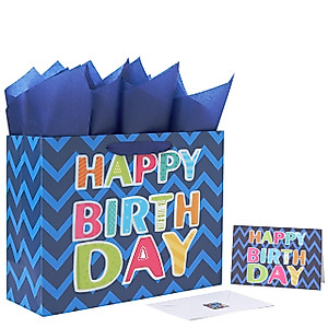 13" Large Blue Gift Bag Set with Greeting Card and White Tissue Papers (Laser Foil 'Happy Birthday') for Men's Birthday Party, Boys' or Kids' Parties, Baby Shower, Baby Boy - 13”x5.2”x10.2”, 1 Pcs.