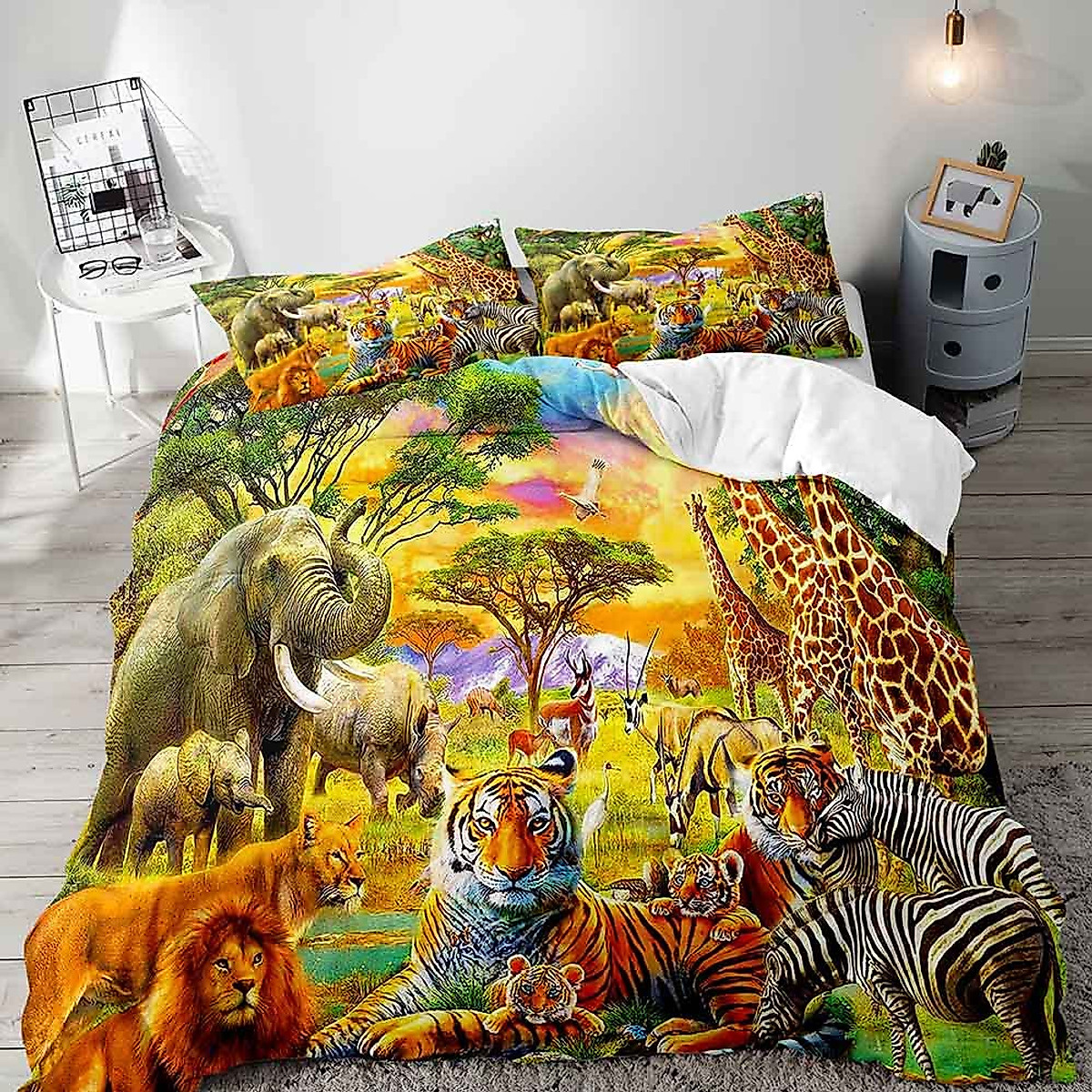 VIVIHOME 2PCS Safari Animal Duvet Cover, Twin Bedding, Boys Kids Bedding, Zoo Jungle Animal Tiger Lion Elephant Zebra Giraffe African Wildlife Wild Animal Comforter Bedspread Quilt Cover, 1 Pillowcase