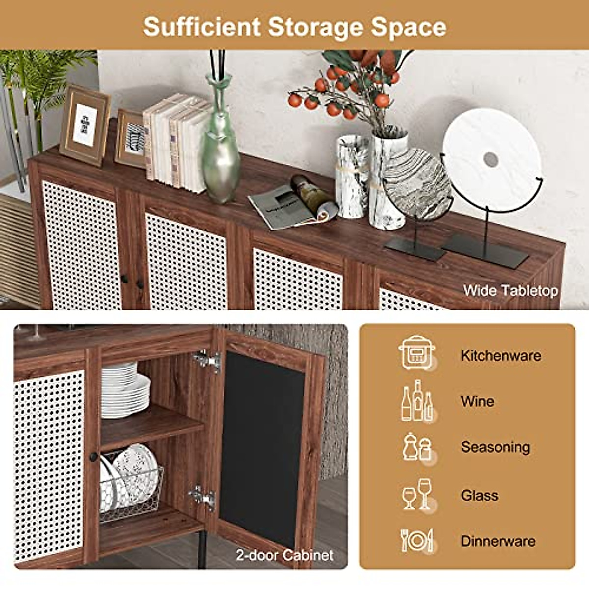 Giantex 2 Pcs Sideboard with Storage, Kitchen Buffet with 2 Rattan Doors, Liquor Cabinet, Wood Cupboard, Accent Furniture for Dining Room, Console Table for Entryway 31.5”Lx 16”Wx 31.5”H (Walnut)