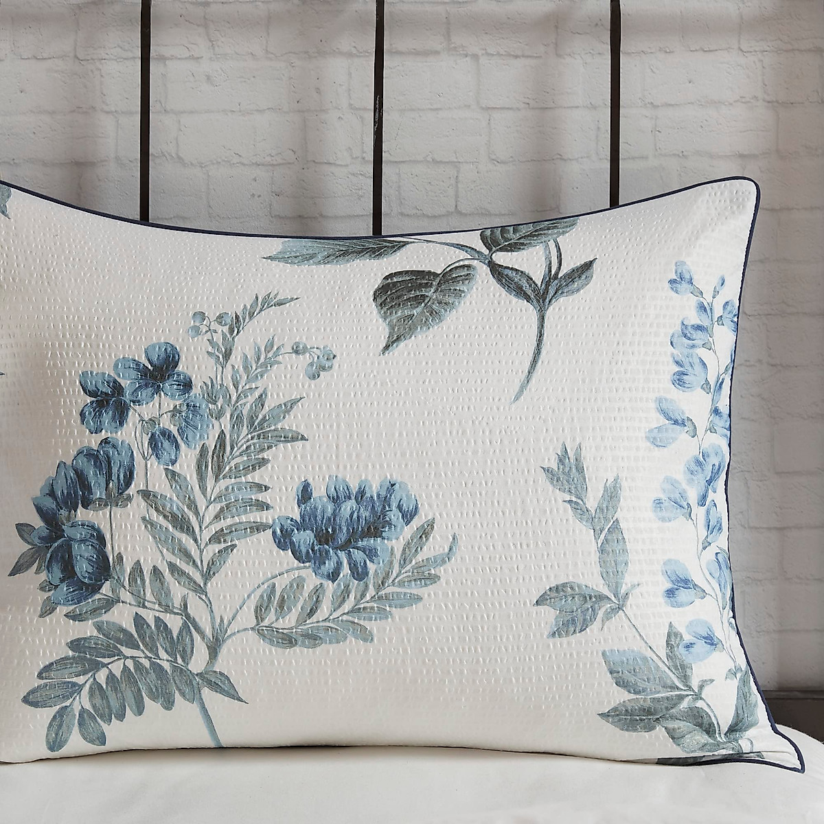 Madison Park Zennia Farmhouse Comforter Set with Throw-Blanket, Floral Print on Seersucker Textures, All Season Bedding, Matching Shams, Toss Pillows, King/Cal King(104"x92"), Blue 7 Piece