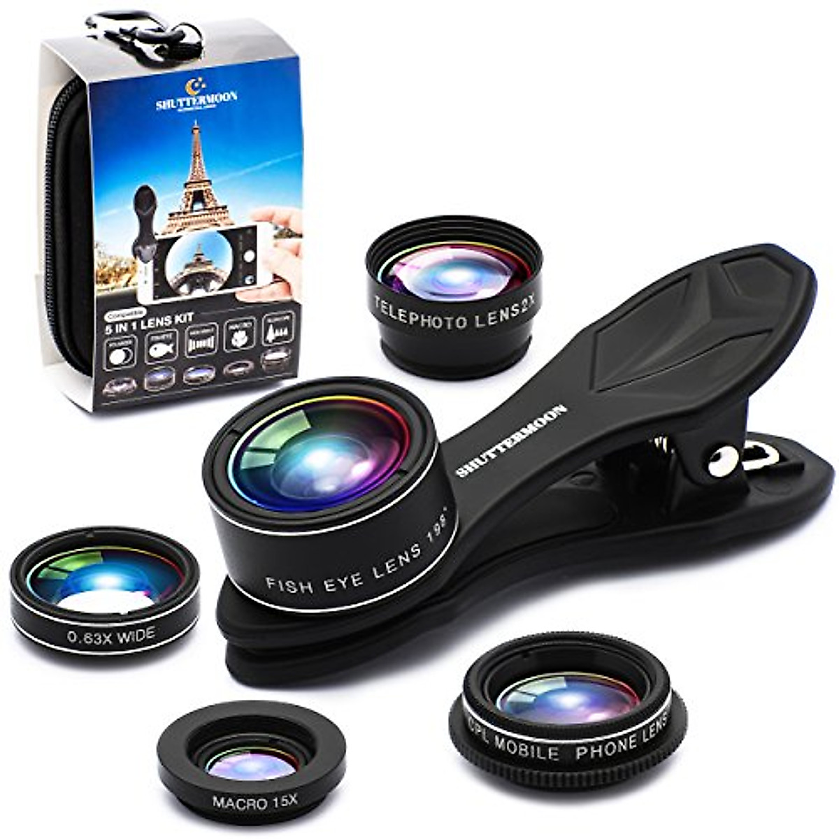 SHUTTERMOON Upgraded Phone Camera Lens Kit for iPhone 13/12/11/X/8/7 Smartphones/Pixel/Samsung/Android Phones Camera. 2xTele Lens Zoom Lens+Fisheye Lens+Super Wide Angle Lens&Macro Lens+CPL (5 in 1)