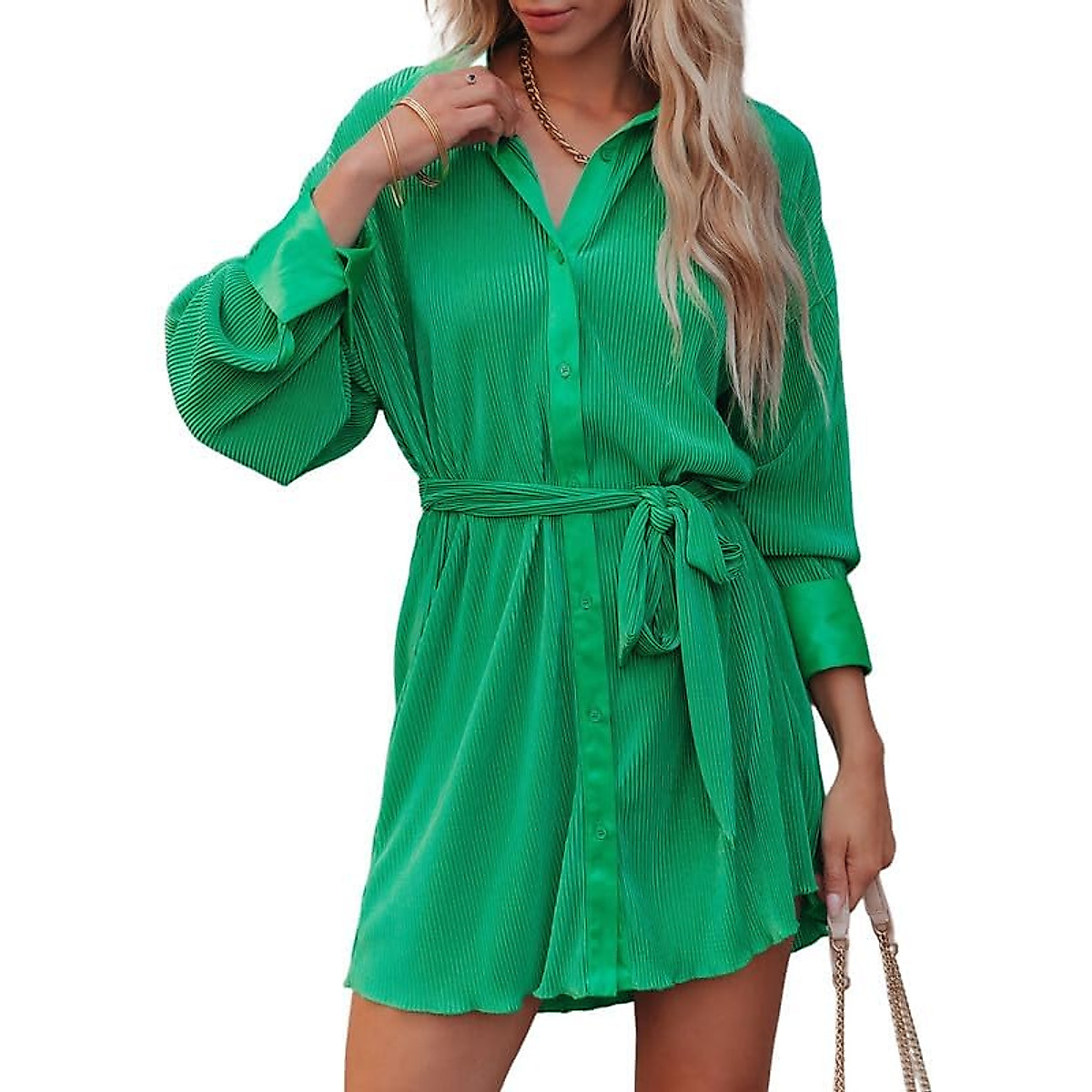 Dokotoo Ladies Long Sleeve Shirt Dresses for Women 2023 Elegant Fall Satin Collared Lapel V Neck Button Down Teacher Cothes Pleated Swing Solid Comfort Ribbed Mini Short Dress with Belt Green X-Large