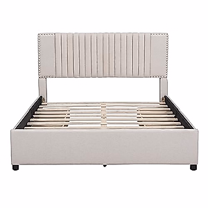 Merax Queen Size Upholstered Platform Bed Frame with Soft Classic Headboard and 4 Drawers, Linen Fabric,Beige