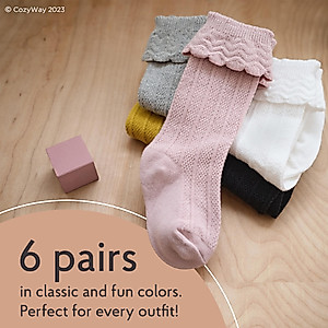 CozyWay Baby & Toddler Knee High Bow Socks, 6 Pack for Girls, White/Gray/Pink/Burgundy/Green/Black, 2-4 Years Old
