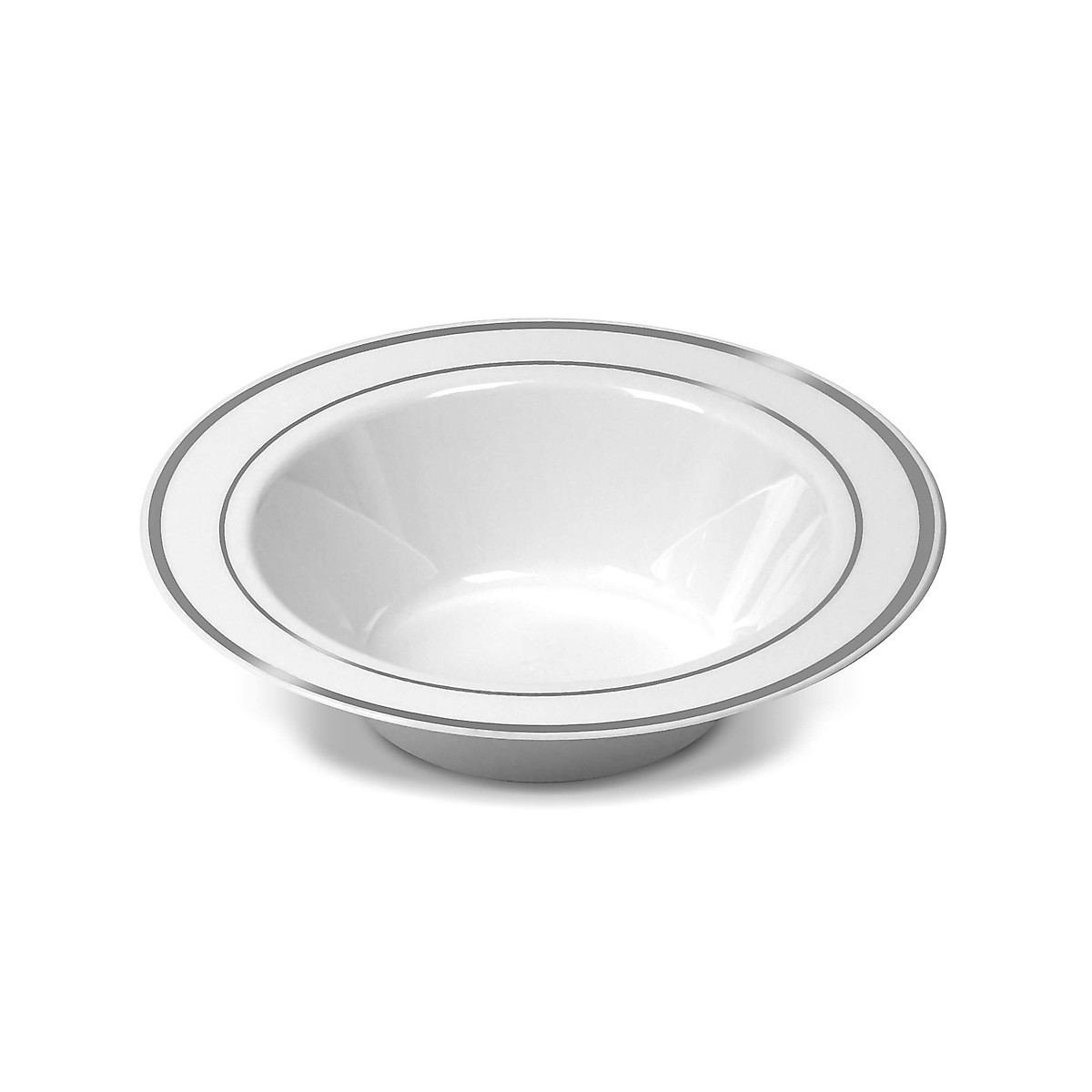 BloominGoods 50 Disposable White Silver Trim Plastic Dessert Bowls | SMALL 6 oz. Premium Heavy Duty Disposable Dinnerware with Real China Design | Safe & Reusable and Great for Parties (50-Pack)