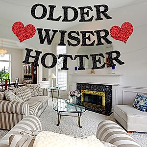 PALASASA Older Wiser Hotter Banner - Funny 30th 40th 50h 60th 70th 80th Birthday Party Decorations, Black Red Glitter Photobooth Decorations Backdrop