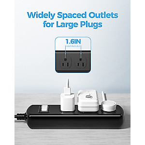 Outdoor Power Strip Weatherproof, 6 FT Extension Cord, Waterproof Surge Protector with 3 Wide Outlets, 1875W Overload Protection, Shockproof Outlet Extender for Kitchen Patio Christmas Lights, Black