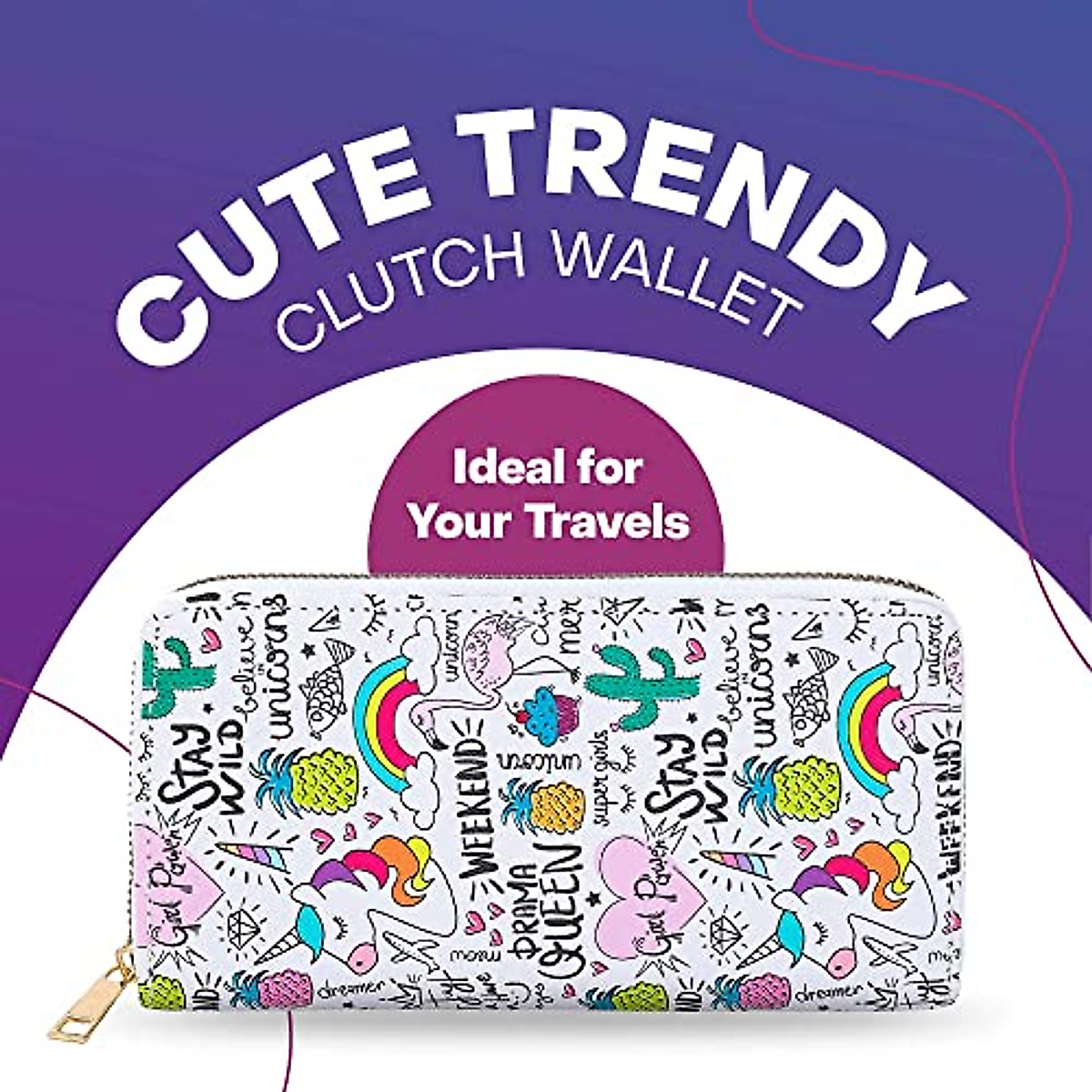 Rave Envy Drama Queen Wallet for Women - Multi-Purpose Designer Travel Wallet with Unicorn Rainbow & Animal Print - Multi-pocket Long Hand Purse for Kids & Teen Girls
