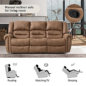 CANMOV Faux Leather Manual Reclining Sofa,3 Seat Recliner Couch Sofa with Overstuffed Comfortable Armrest and Backrest for Living Room, Office(Nut Brown, Sofa)