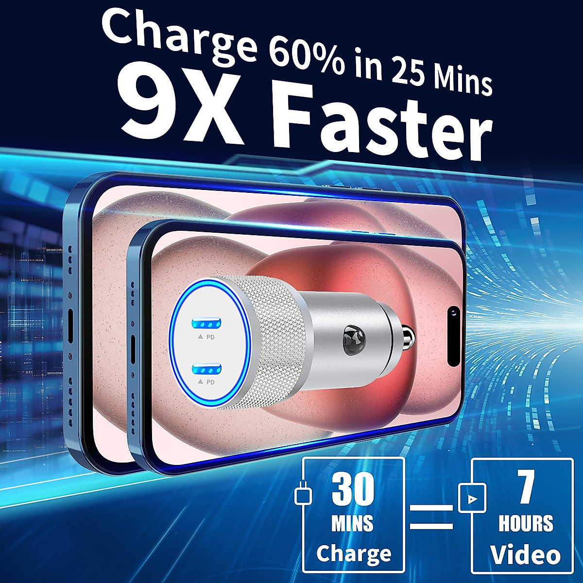 [Apple MFi Certified] iPhone 15 Car Charger Fast Charging, Rombica 72W Dual Type-C Power Cigarette Lighter Charger+USB-C Cable&Lightning Cable for iPhone 15 Plus/15 Pro/15 Pro Max/14/13/12/11/XS/iPad