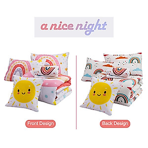 A Nice Night Bedding 6 Pcs Cartoon Rainbow Bedding Set with Smile Sun Printed for Boys Girls Bed Comforter Sets (White, Twin)