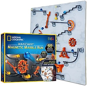 NATIONAL GEOGRAPHIC Magnetic Marble Run - 90-Piece STEM Building Set for Kids & Adults with Magnetic Track & Trick Pieces, Marbles & Magnet Board for Building A Marble Maze Anywhere