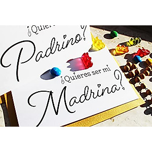 Spanish Will you be my Godparents Cards (Madrina & Padrino) - Godmother & Godfather Proposals in Black-and-White Lettering, with Golden Shimmer Envelopes (Set of 2 cards) (Madrina & Padrino)
