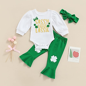 Toddler Baby Girl St. Patrick's Day Outfits Letter Print Romper Long Sleeve Jumpsuit Clover Flared Pants Headband (1#Green, 12-18 Months)